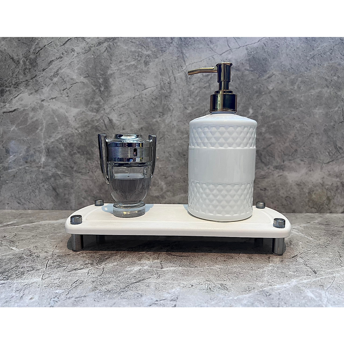 Dunya Home Bathroom Sink Caddy Fast Drying Stone Drying Rack Accessory Organizer Diatomaceous Earth Drying Rack Sponge Bottle Soap Countertop Organizer White