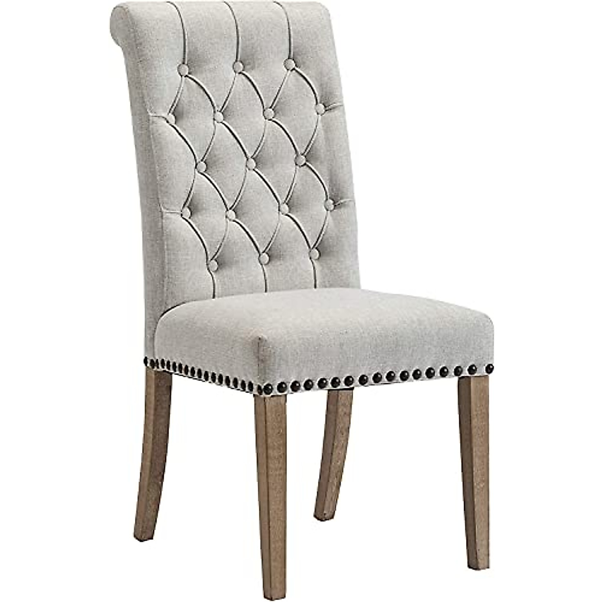 BTEXPERT BB5107GR-2 High Back Tufted Parsons Upholstered Dining Room Chairs Side Solid Wood-Accent Nail Trim, Gray Linen Fabric - Set of 2