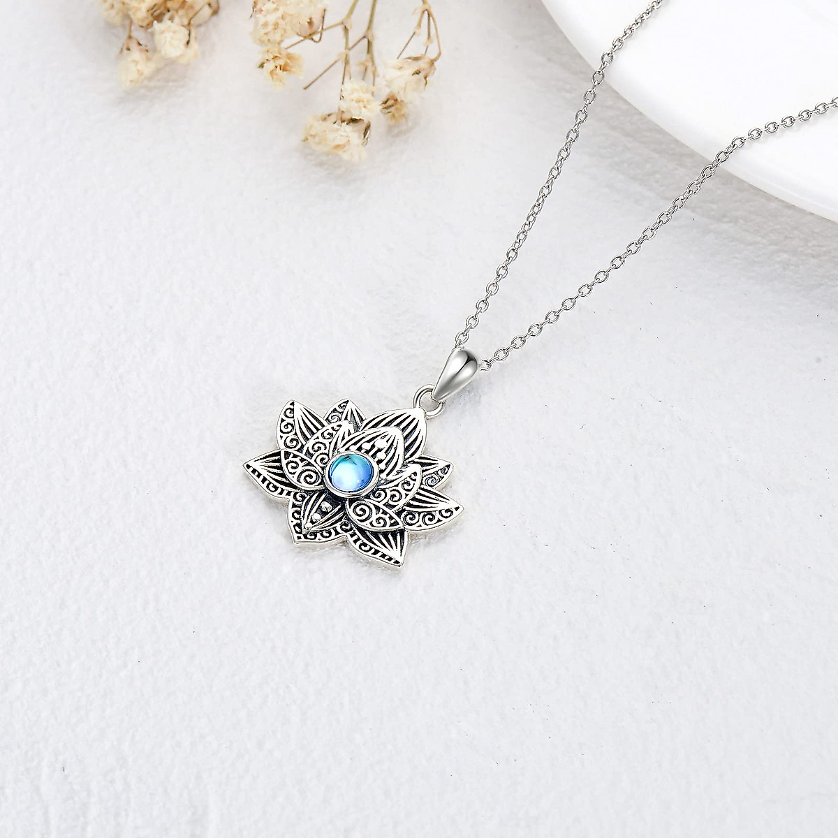 YAFEINI Buddha Lotus Necklace Sterling Silver Moonstone Lotus Flower Pendant Yoga Spiritual Jewelry Gifts for Women