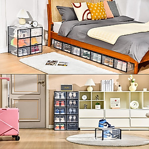 Clemate 15 Pack Shoe Storage Boxes, Clear Plastic Stackable Shoe Organizer for Closet, Shoe Box with Magnetic Door, Foldable Shoe Storage Bin, Sneaker Storage Box Shoe Rack Container Holder