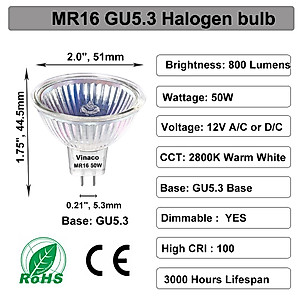 Vinaco MR16 Bulb，6 Pack MR16 Halogen Bulb 50W GU5.3 Base, 800LM High Output MR16 12V 50W Halogen, 2800K Warm White MR16 Dimmable with Clear Glass Cover, MR16 GU5.3 for Landscape, Track Lights