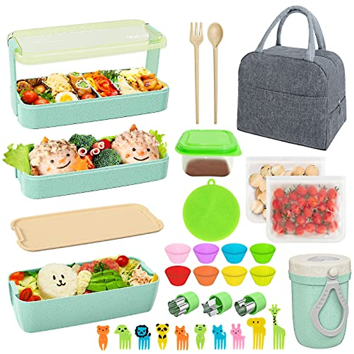 Korlon 30 Pcs Bento Box Adult Lunch Box Kit, 3-In-1 Compartment Japanese Lunch Box Kids with Spoon & Fork, 3 Layer Stackable Lunch Containers for Adults