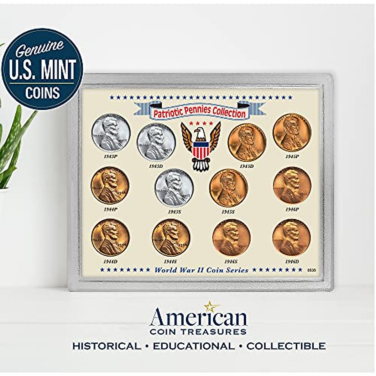 American Coin Treasures Patriotic Pennies Collection, Genuine Steel Penny, Shell Casing Cents, WWII Coins, Certificate of Authenticity, Sonically Sealed Acrylic