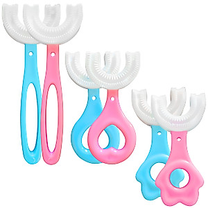 4 Pack Kids U Shaped Silicone Head Whitening Massage Toothbrush U-Type Toothbrush Whole Mouth Toothbrush with Handle for Kids (2-6 Years Old, Heart Style)