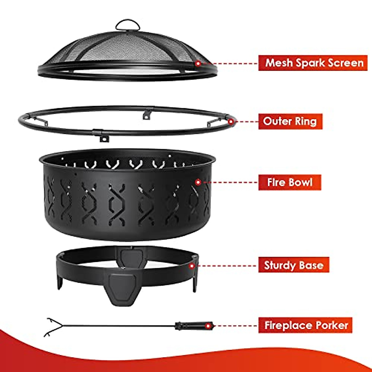 SINGLYFIRE 30 Inch Fire Pits for Outside Wood Burning Outdoor Large FirePit Round Steel Firepit for Patio Backyard Garden Outdoor Heating,with Spark Screen,Log Grate,Poker, Black (SFPR-001)