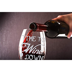 Time to Wine Down Funny 15oz Stemless Crystal Wine Glass - Fun Wine Glasses with Sayings Gifts for Women