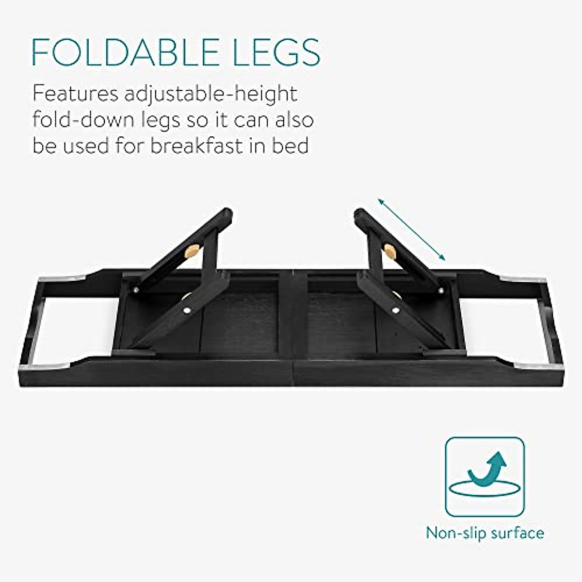 Navaris Bed and Bath Tray - Wooden Rack with Folding Legs - Bamboo Bathtub Caddy Bridge Shelf with Book or Tablet Stand - Black