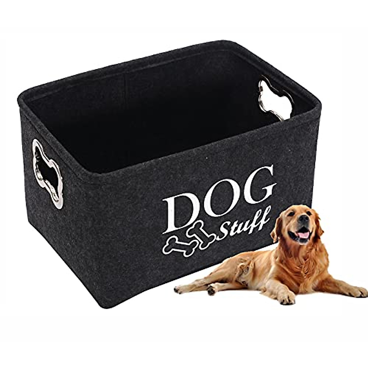 Brabtod Large Dog Toy Bin Dog Toy Storage Box Pet Toy Basket Collapsible Felt Open Storage Bin Cubes Organizer with Handles for Dog Leash Blanket Grooming Supplies -Dark Gray