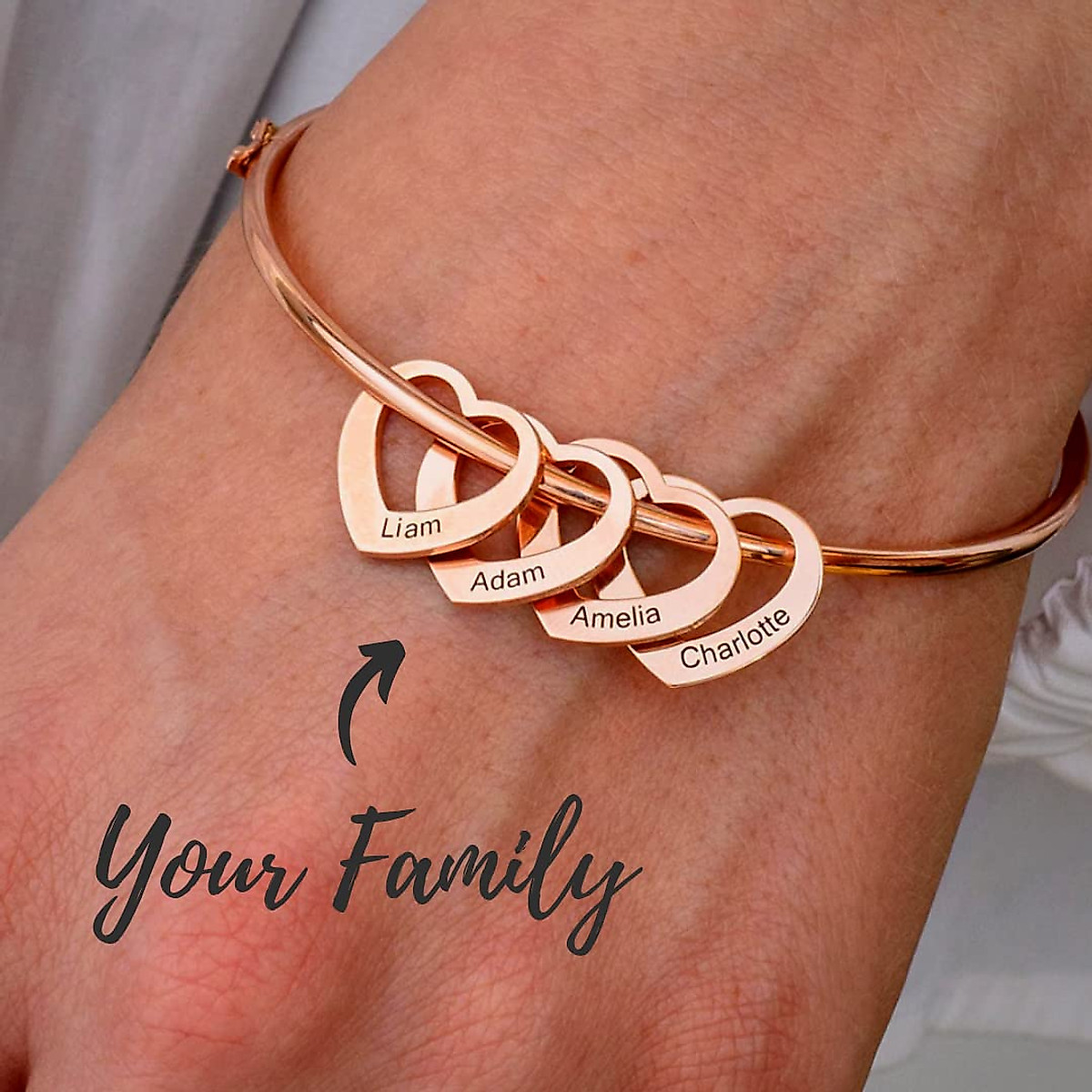 MyNameNecklace Personalized Bracelet Bangle with Up to 10 Heart Shape Pendants - Custom Made Multiple Pendant - Engraved Jewelry Gift for Women, Her- Gifts for Mother's Day, Christmas