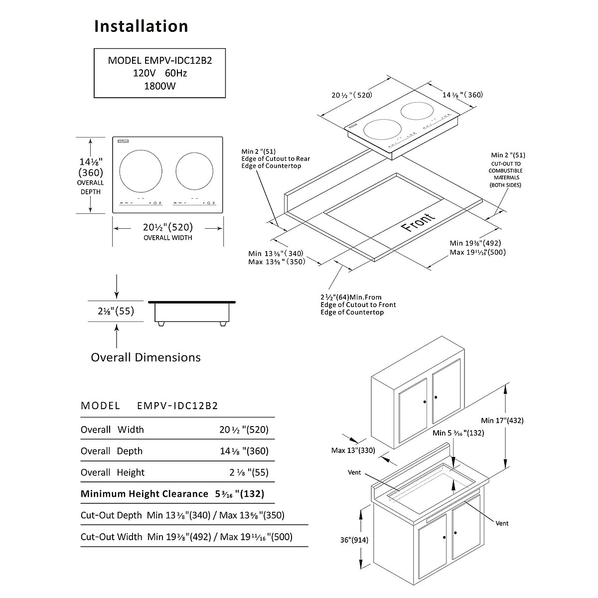 Empava IDC12B2 Horizontal Electric Stove Induction Cooktop with 2 Burners in Black Vitro Ceramic Smooth Surface Glass 120V, 12 Inch
