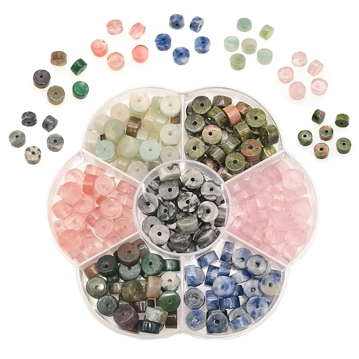 210PCS 3x6mm Natural Stone Beads Spacer for Jewelry Making,7 Colors Genuine Real Flat Round Loose Gemstone DIY for Bracelet Beading Making Kit (3x6mm,7 Color A)