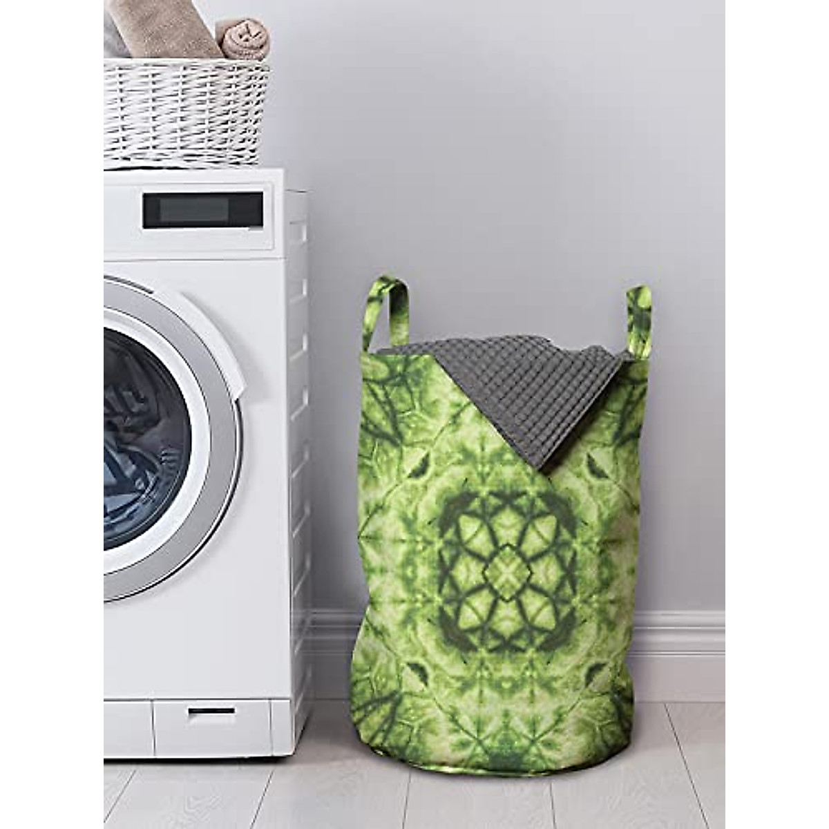 Ambesonne Tie Dye Laundry Bag, Floral Shapes Mandala Completeness Universe Illustration, Hamper Basket with Handle Drawstring Closure for Laundromats, 13" x 19", Fern Green Pastel Yellow