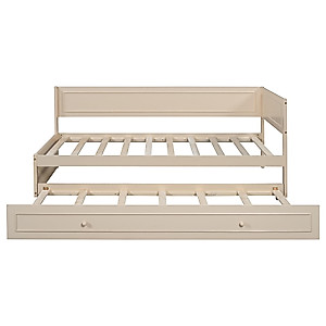 Merax Twin Size Wood Daybed with Trundle and Guardrail, Beige