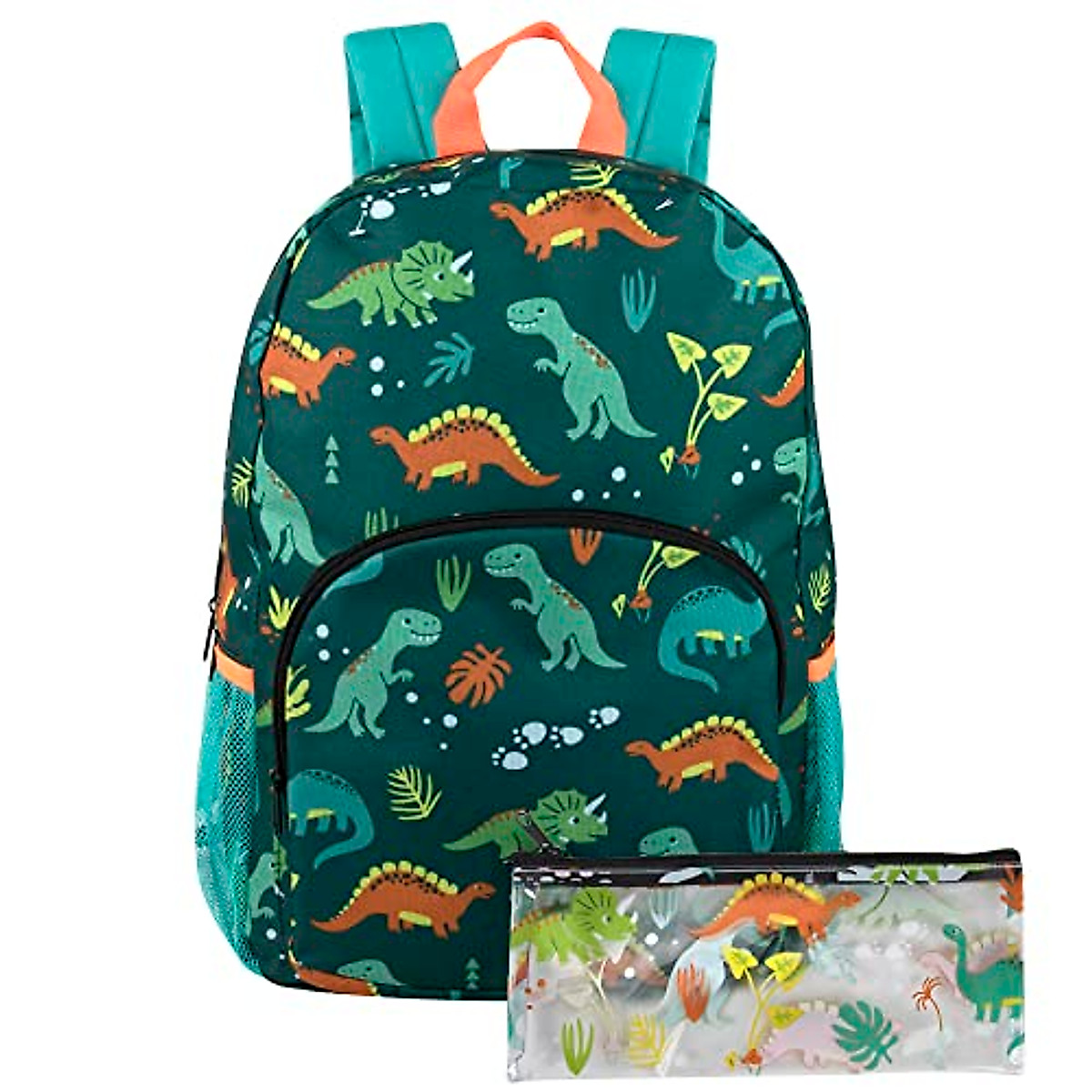 Trail maker Boys Backpack and Pencil Case Set for Kindergarten, Elementary School, 17 Inch Kids Backpack with Side Pockets (Goofy Grinning Dinos)