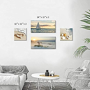 Hardy Gallery Beach Picture Sunset Canvas Art: Seascape Painting with Sailboat & Coastal Conch Artwork Wall Art for Bedroom (24'' x 12'' x 2 Panels + 12'' x 12'' x 2 Panels)