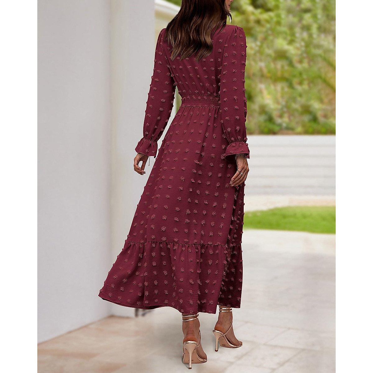 BTFBM Women Spring Dresses 2025 Long Sleeve V Neck Swiss Dots Maxi Dress Boho Long Dress High Waisted A-Line Ruffle Dress(Solid Wine Red,Medium)