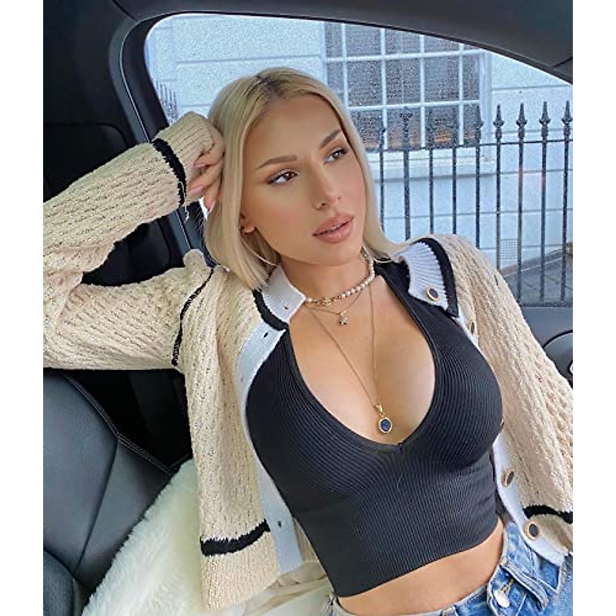 OQQ Women's 2 Piece Tank Top Ribbed Sleeveless Sexy Deep V Neck Removable Cups Yoga Crop, Black,beige, Medium