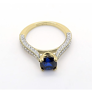 Dazzlingrock Collection 18K 6 MM Cushion Created Blue Sapphire And Round Diamond Women Ring, Yellow Gold, Size 9