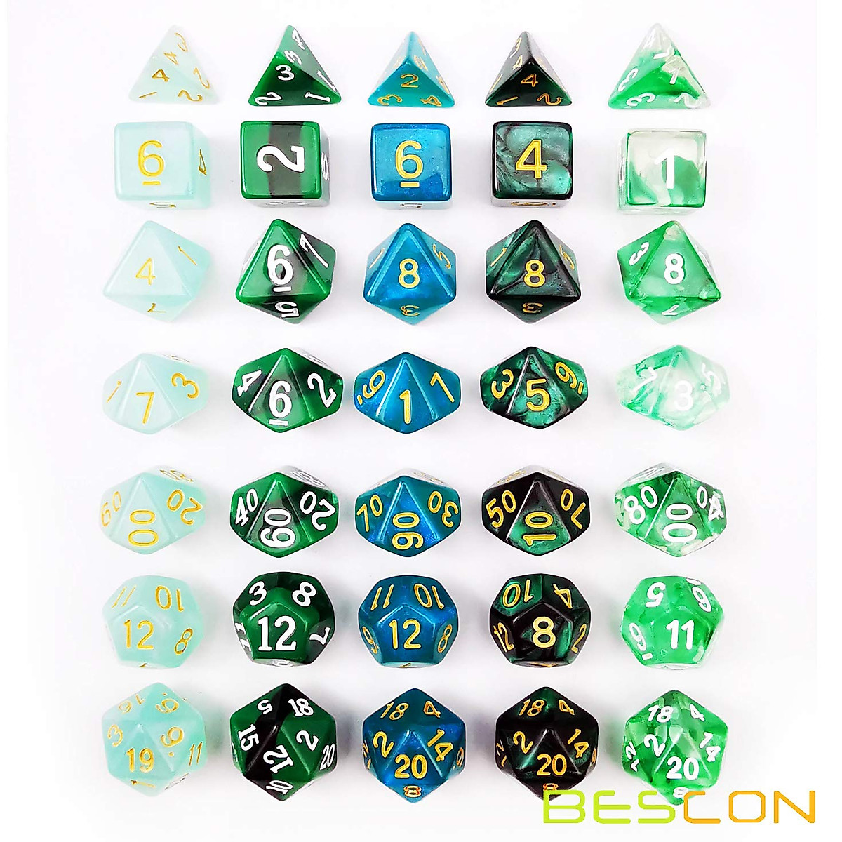 Bescon 35pcs Polyhedral RPG Dice Emeralds Set, DND Role Playing Game Dice Green Sets 5X7pcs