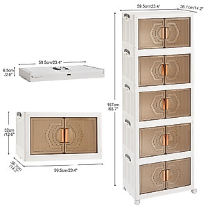 VECELO 19 Gal Stackable Storage Bins with Lid, 5 Pack Plastic Collapsible Storage Cabinet, Foldable Folding Box Organizer/Storage Container Cart with Wheel and Double Door for Home Office, White