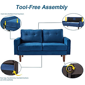 Bettermade Loveseat Sofa,Futon Sofa for Living Room, Velvet Cover Modern Design Couch,Tools-Free Assemble,2 Seats with 600 LB Load,Blue