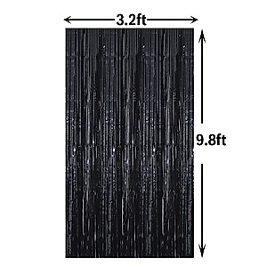 GOER 3.2 ft x 9.8 ft Black Photo Backdrop Party Streamers for Halloween,Birthday Party,1 Pack Black Metallic Tinsel Foil Fringe Curtains Party Decorations Wedding Decor
