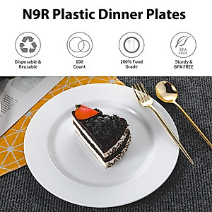N9R 100PCS White Plastic Plates, Plastic Disposable Plates 10.25inch, Premium Heavy Duty Dinner Plates, Elegant and Fancy Party Plates
