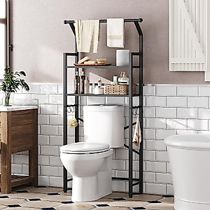 YATINEY Over The Toilet Storage, 2-Tier Bathroom Organizer Shelves with Hooks, Multifunctional Vertical The Toilet Shelf Storage Rack for Bathroom, Black TR01BB