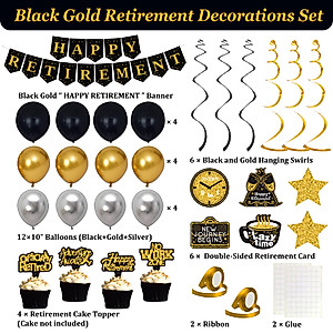 Retirement Party Decorations Men Women, Black Gold Happy Retirement Decorations, Happy Retirement Banner, Retired Backdrop, Balloons, Pompoms, Hanging Swirls, Retirement Card, Cake Topper Set 54pcs