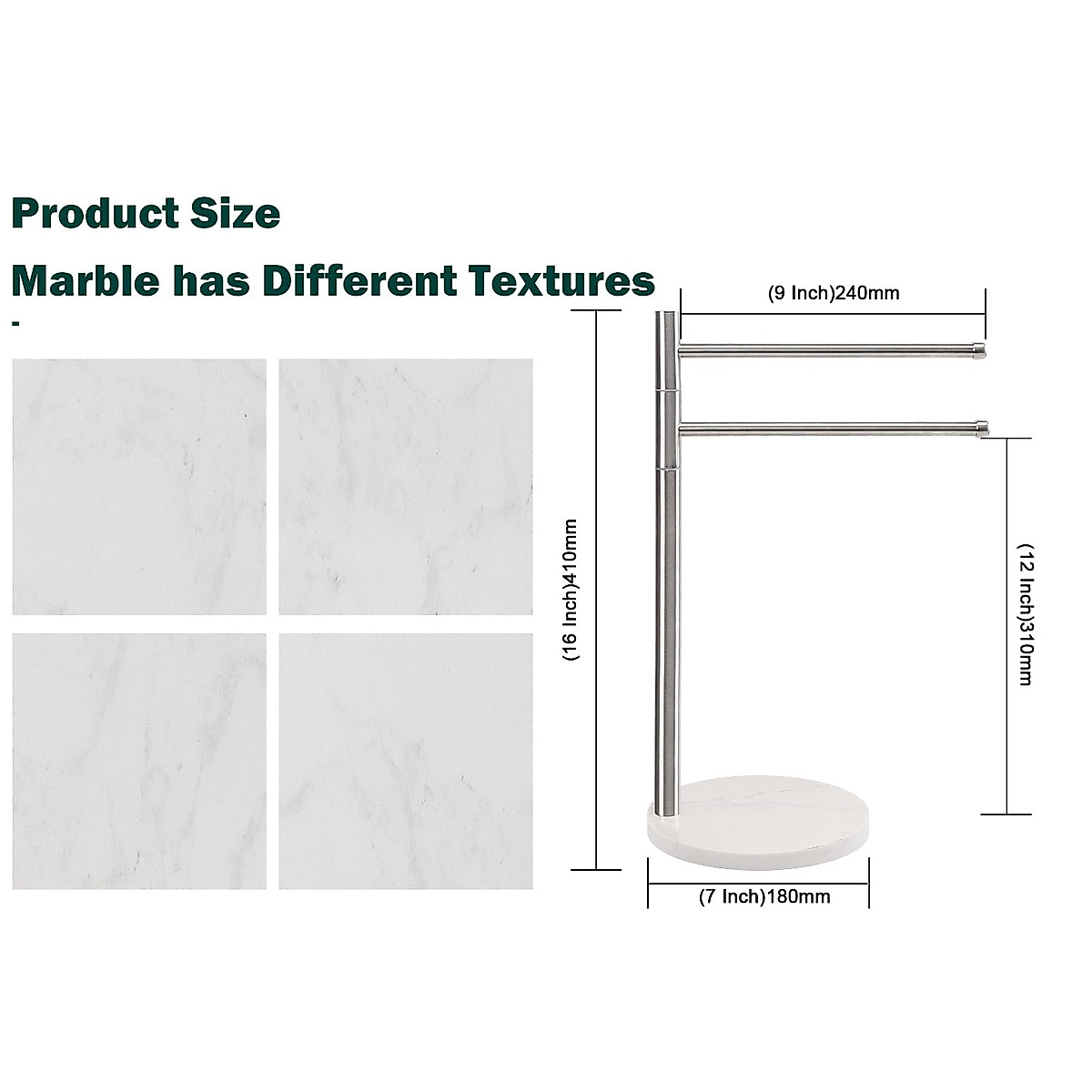 BathAce Hand Towel Holder, F-Shape Hand Towel Stand with Marble Base, Stainless Steel Swivel Stand Hand Towel Rack Free-Standing Towel Bar for Bathroom Kitchen Countertop, 2 Arms (Brushed Nickel)