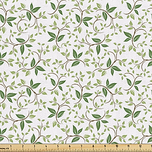 Ambesonne Leaf Fabric by The Yard, Ivy Patterns with Tiny Green Leaves Branches Creme Contemporary Illustration, Decorative Fabric for Upholstery and Home Accents, 1 Yard, Green Brown