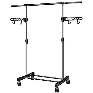 hombani Garment Rack on Wheels with Brakes and Wing Hooks, Industrial Style Rolling Clothing Organizer for Hanging Clothes, Extendable - Black