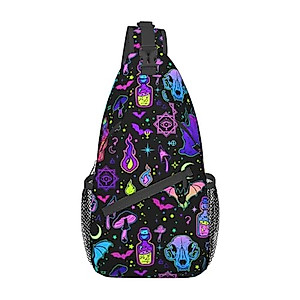 JSHXJBWR Bright Witchy Elements Sling Bag For Women Men Funny Halloween Crossbody Shoulder Bags Backpack Adjustable Casual Daypacks Chest Bag For Hiking Travel Cycling