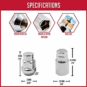 Wheel Accessories Parts M12 1.50 12x1.5 Thread Closed End Bulge 1.38" Long Locking Wheel Lug Nuts Lock Chrome Dual Hex Key 13/16" and 3/4" Fits Many Chevy Honda Toyota Passenger Vehicles