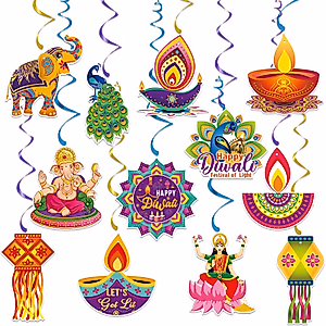 12 PCS Diwali Decorations,Diwali Hanging Swirls Party Decoration Streamer Banner for Home Diwali Indian Style Party, Diwali Deepavali Streamer for Themed Party Supplies Festival of Lights Party Decor