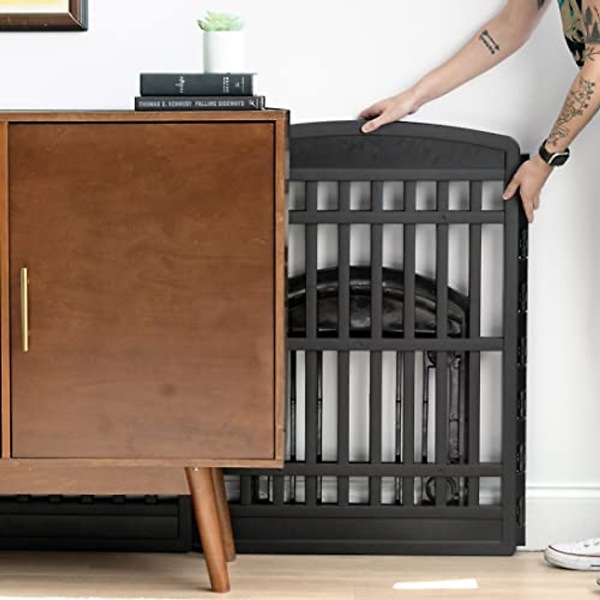 IRIS USA Dog Playpen, 4-Panel 24" Pet Playpen with Door, Puppy Playpen, Indoor/Outdoor Dog Pen, 35 x 35 x 24, Foldable, Customizable, Black