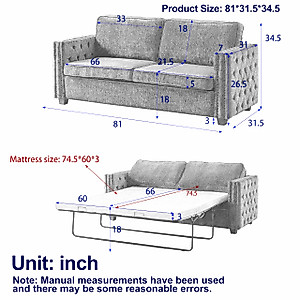 SmartEdge Pull Out Sofa Bed, 2-in-1 Convertible Full Sleeper Sofa Couch with Memory Foam Mattress, Chenille Upholstered Loveseat 3 Seater Full Sofabed Couches for Living Room, Apartment, Grey
