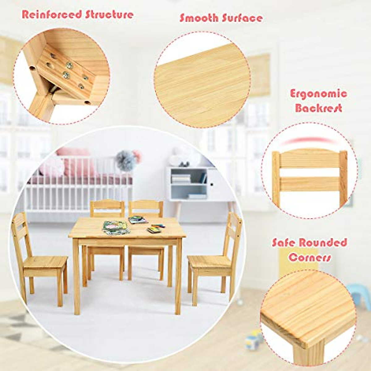 HONEY JOY Kids Wooden Table and Chair Set, 5-Piece Kiddy Sized Activity Table and Chair Set for Crafts Art, Toddler Playroom Furniture Set for Kids Ages 4-8(Natural)
