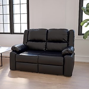 BizChair Black LeatherSoft Loveseat with Two Built-In Recliners