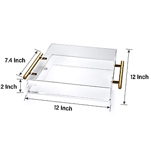 BEYLANG Acrylic Serving Trays Breakfast Decorative Trays for Ottoman Coffee Table (12x12 Inch with Golden Handles, Clear)