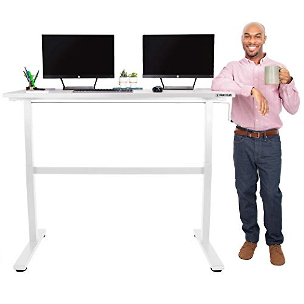 Stand Steady Tranzendesk 55 Inch Standing Desk | Easy Crank Height Adjustable Sit to Stand Workstation | Modern Ergonomic Desk Supports 3 Monitors | Perfect for Home & Office (55"/ White)