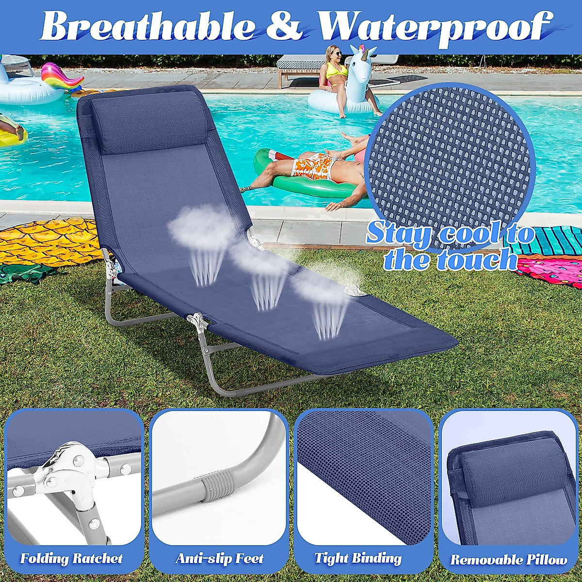 Suzile 4 Pack Folding Chaise Lounge Chair Tanning Chairs with Adjustable 5 Position and Pillow Waterproof Breathable Mesh Steel Frame Pool Sun Tanning Chair for Beach Yard Patio Lawn(Navy Blue)