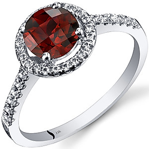 PEORA Garnet Ring for Women 14K White Gold with White Topaz, Genuine Gemstone Birthstone, 1.25 Carats Round Shape 6.5mm, Halo Design, Size 9