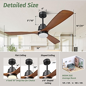 ALUOCYI Outdoor Wood Ceiling Fan with Lights and Remote, 52 inch, 3 Solid Wood Blades,Noiseless Reversible DC Motor Low profile Ceiling fans for Living room, Bedroom, kitchen, Patio, F3601, Brown