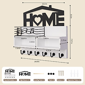 VIS'V Key Holder Wall Mount, White Wooden Key Mail Holder Wall Decorative Key Rack Organizer with Shelf Mail Storage Basket with 6 Key Hooks 2 Compartments for Entryway Doorway Hallway