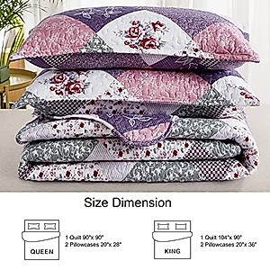 Dinjoy Purple Quilt Set Queen Size, Reversible Floral Plaid Patchwork Pattern Bedding Set Soft Microfiber Lightweight Bedspread Coverlet 3 Piece Spring Summer Use (90x90 inches)