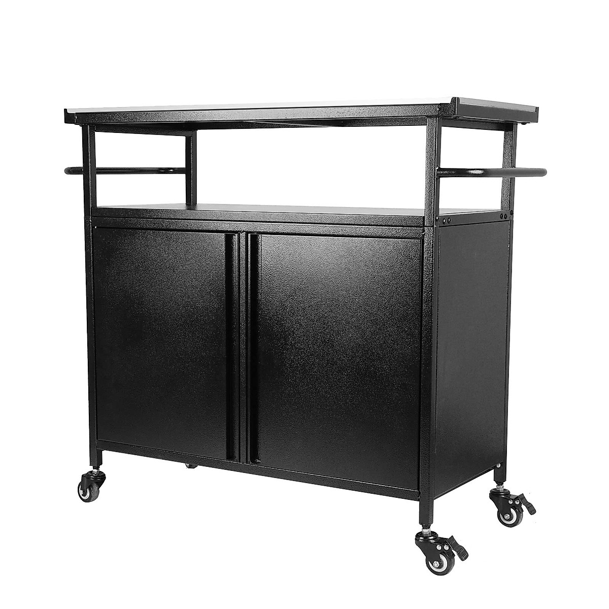 Karpevta Outdoor Grilling Table with Storage, Metal Outdoor Grill Cart with Storage and Wheels,Stainless Steel Countertop Kitchen Island Cart and Storage Cabinet for BBQ,Patio,Backyard