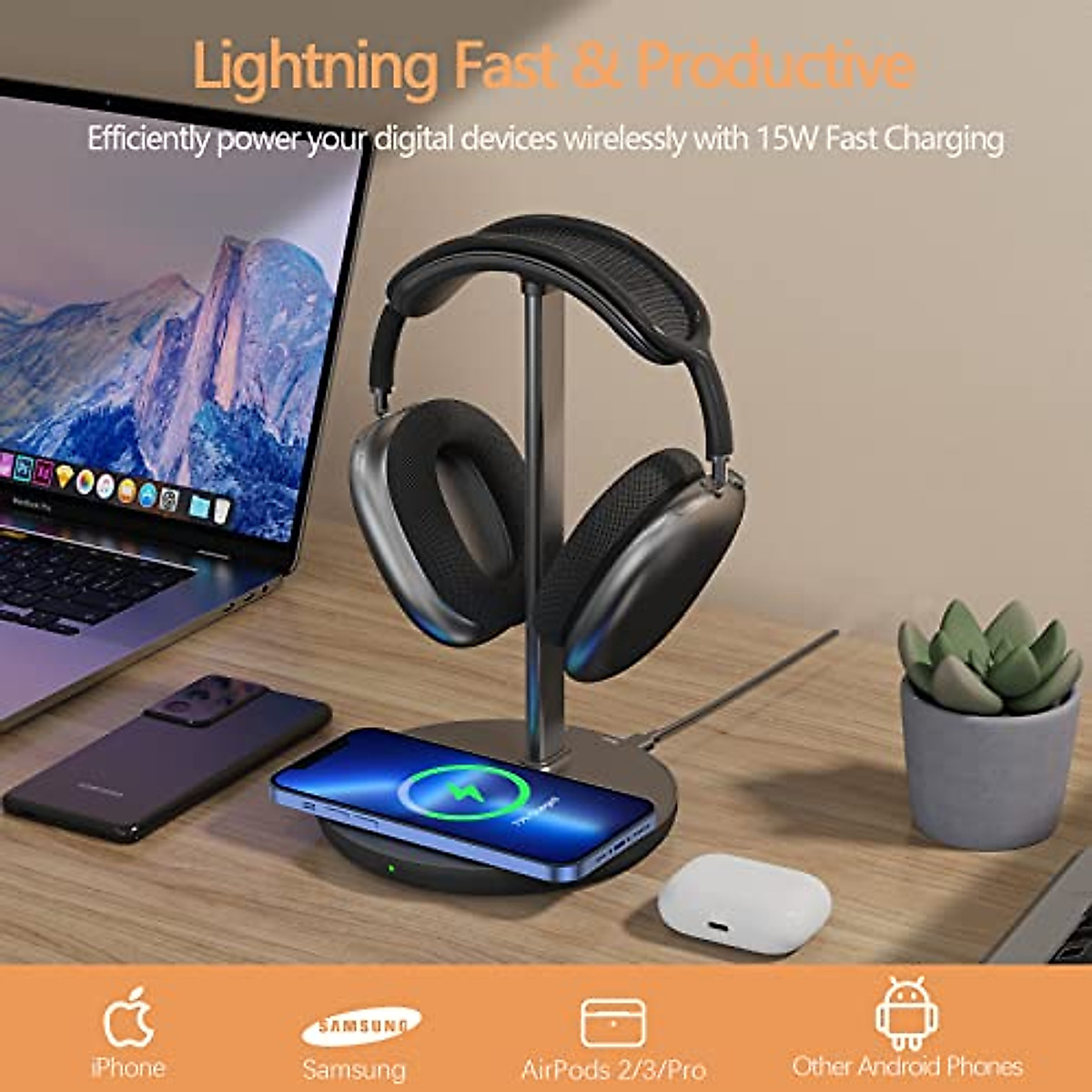 Headphone Stand with Wireless Charger, Gaming Headset Holder Hanger Rack 2 in 1 Wireless Charging Station Dock for iPhone 14/13/12/11 Series, Samsung, AirPods Pro/3/2 and Desk All Headphones, Black