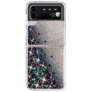 Fcclss Cell Phone Case for Samsung Galaxy Z Flip 4 Case, Samsung Z Flip 4 Case Glitter Sparkle Quicksand Flowing Floating Liquid Case Heavy Duty Shockproof for Women Girls Men, Black