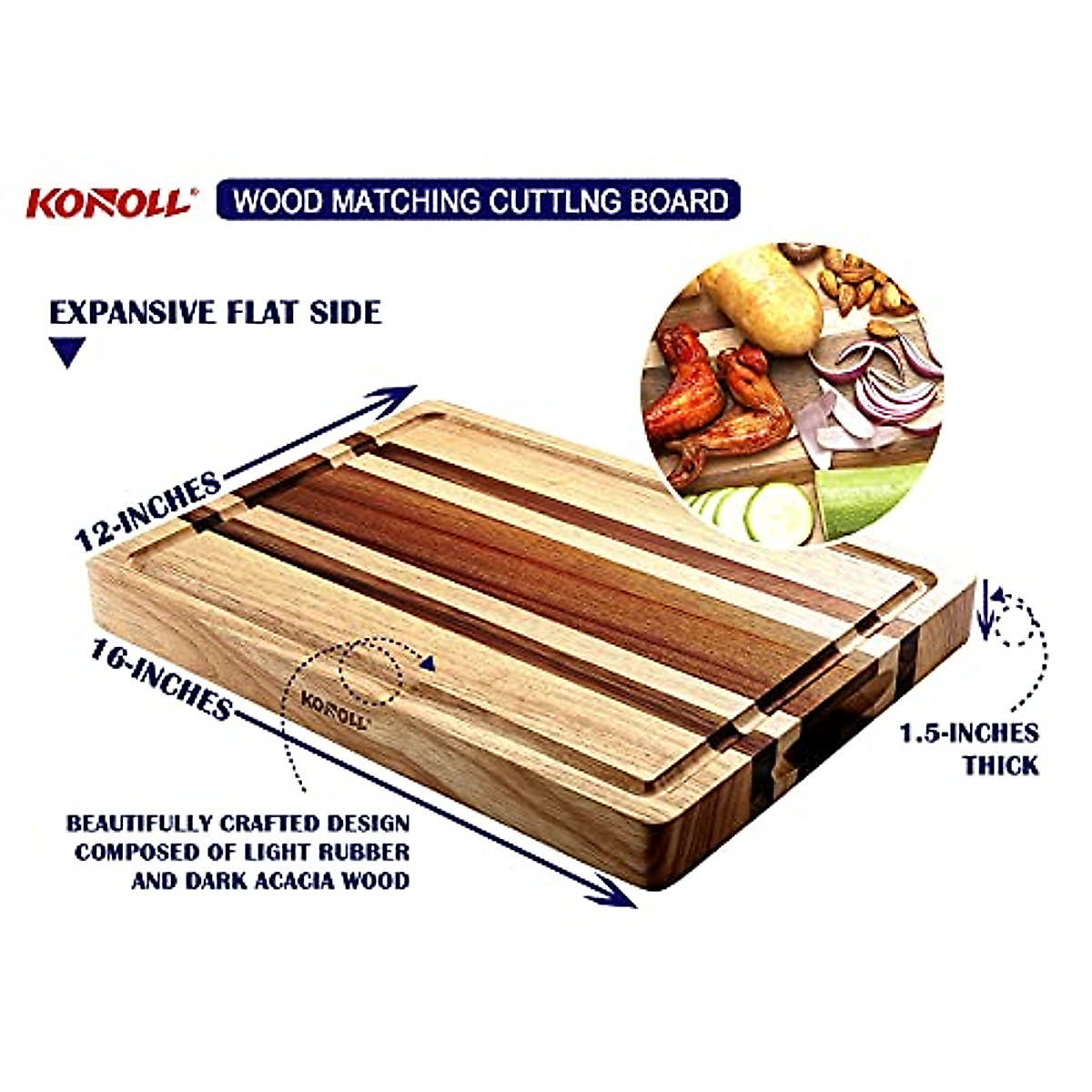 KONOLL Large Acacia Oak Wood Cutting Board for Kitchen Multipurpose Chopping Board with Juice Groove & Built-in well for Meat, Cracker, Vegetables and Cheese, 15 x 12 x 1.5 Inch